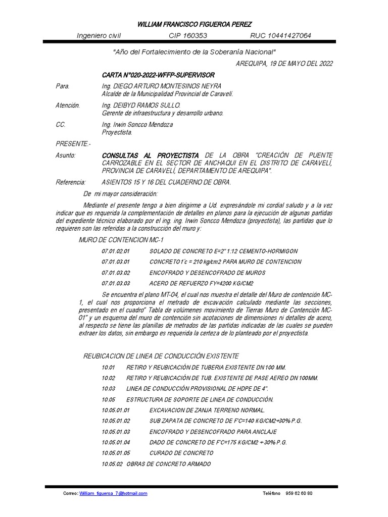 Carta N°020-2022-Wffp-Complementacion de Detalles | PDF | Hormigón | Ingeniería estructural