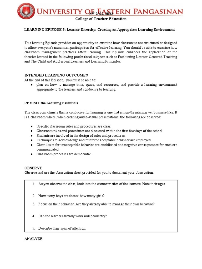 Soriano Jeremy Bautista LEARNING EPISODE 5 | PDF | Learning | Classroom