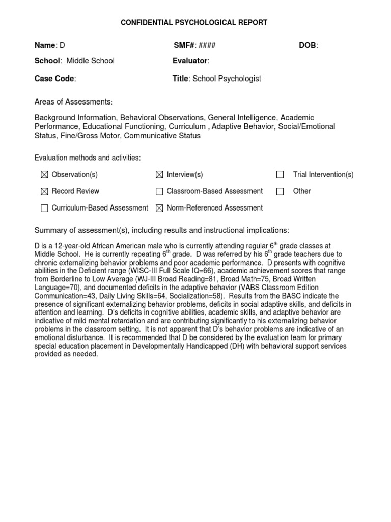 Psychological Report Template | PDF | Wechsler Adult Intelligence Scale ...
