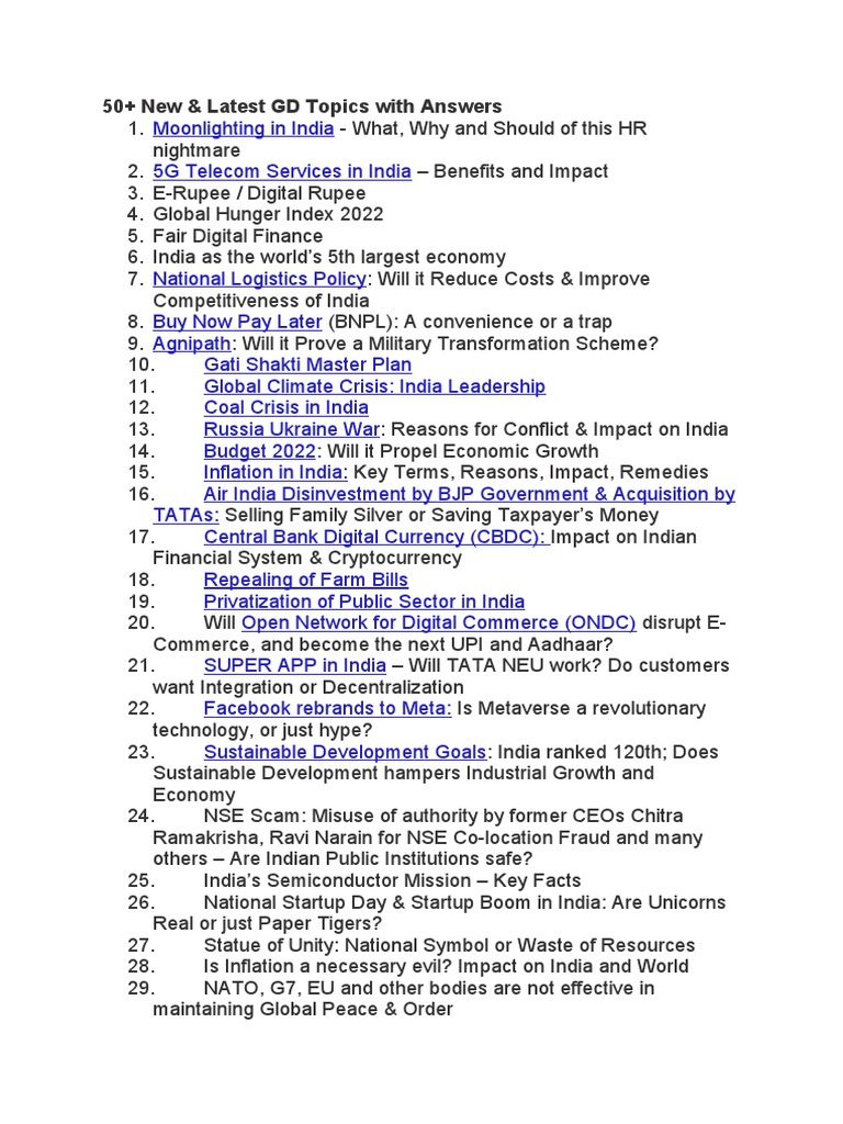 Top 50 GD Topics PDF Economies