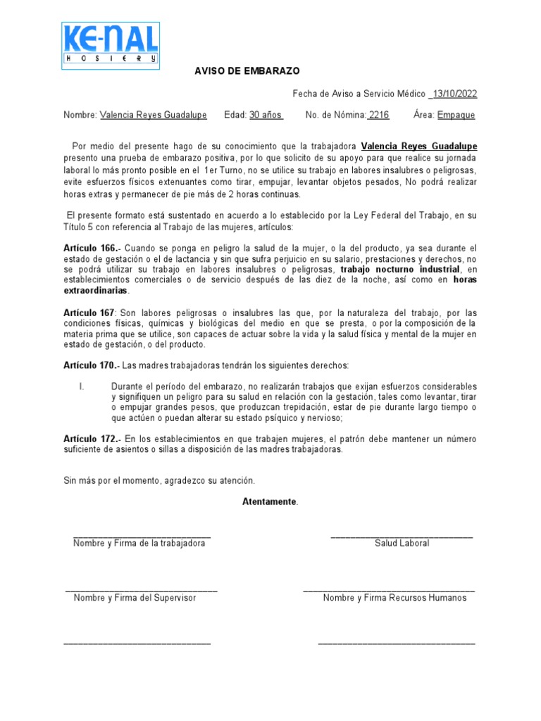 Aviso de Embarazo | PDF | El embarazo | Seguridad y salud ocupacional