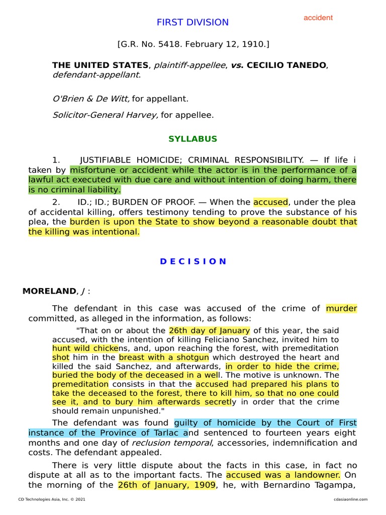 U.S. v. Tanedo, 15 Phil. 196 (1910) | PDF | Reasonable Doubt | Burden ...