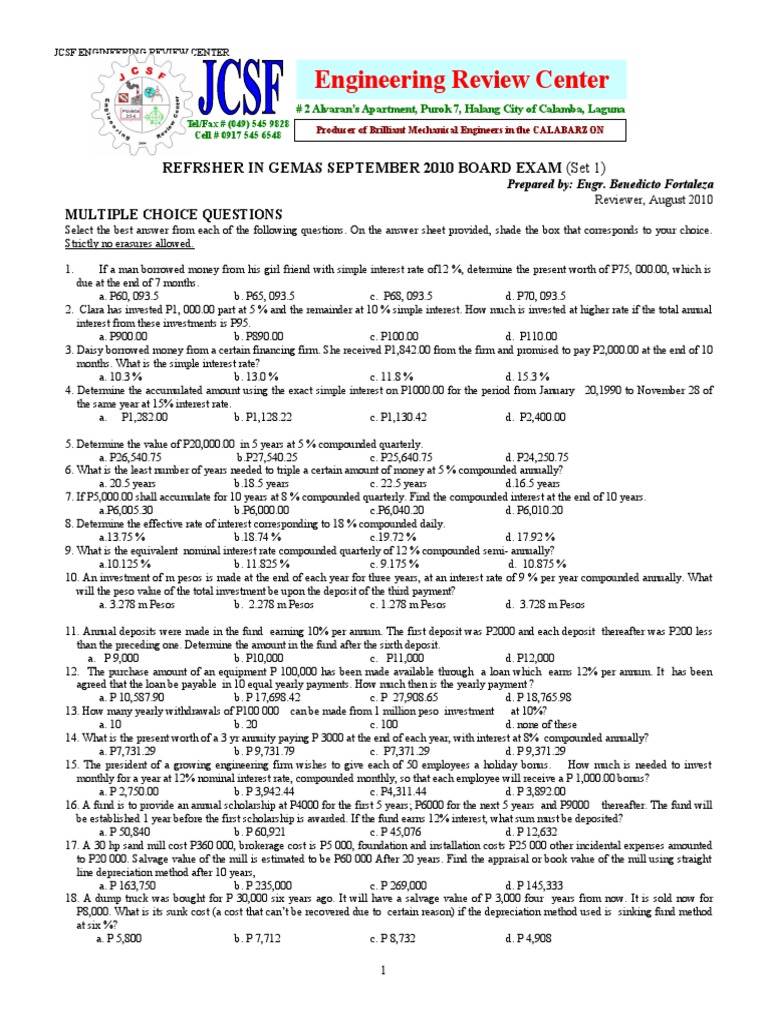 Benfort Refresher Exam Math Eco 1 | PDF | Value (Economics) | Debt