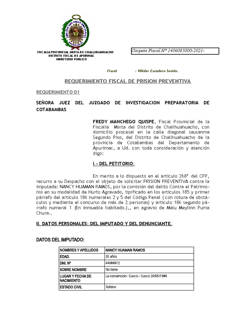 Modelo Requerimiento Prision Preventiva | PDF | Castigos | Derecho penal Modelo Requerimiento Prision Preventiva | PDF | Castigos | Derecho penal