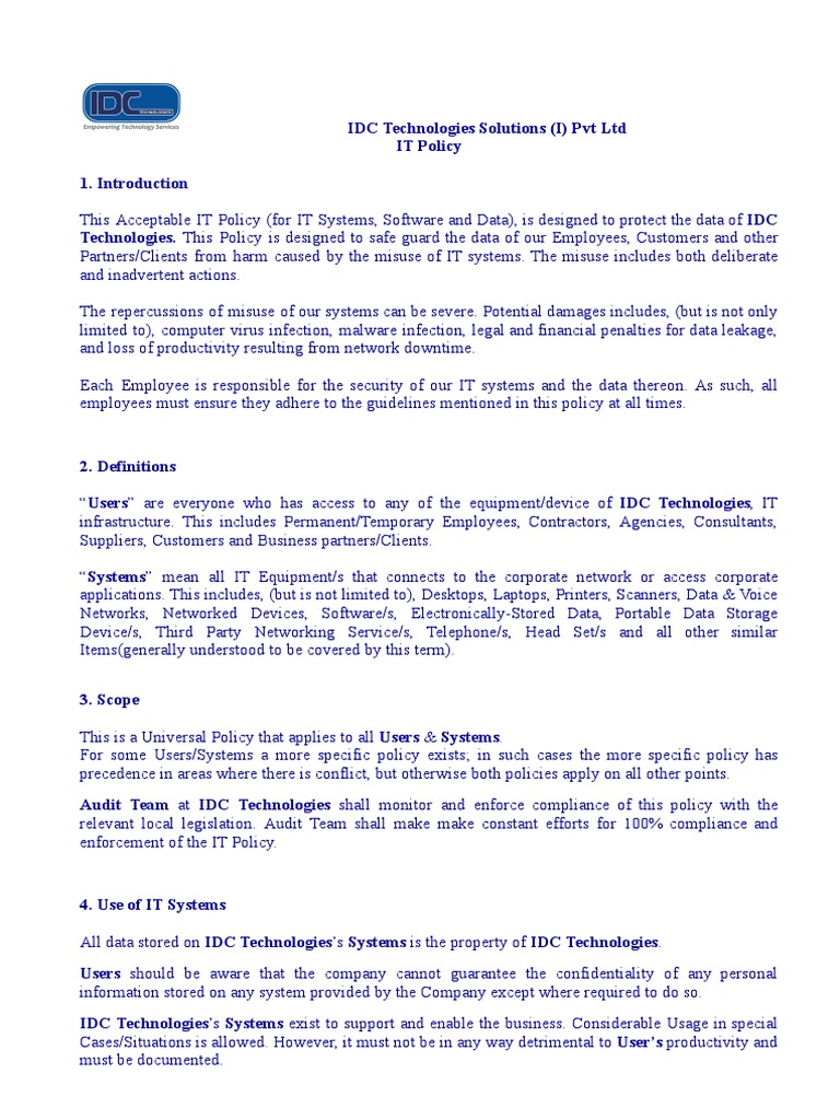 IDC IT Policy 2.1 | PDF | Malware | Computer Security
