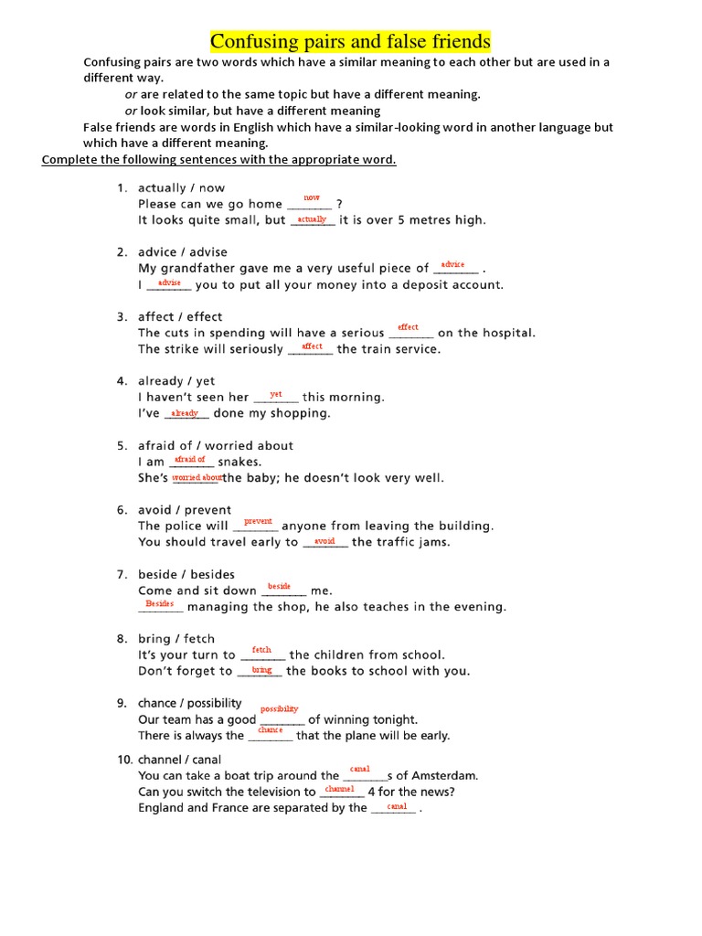 Confusing Pairs and False Friends | PDF | Linguistics