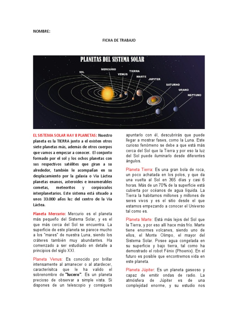 Ficha de Trabajo Sistema Solar | PDF | Planetas | Tierra