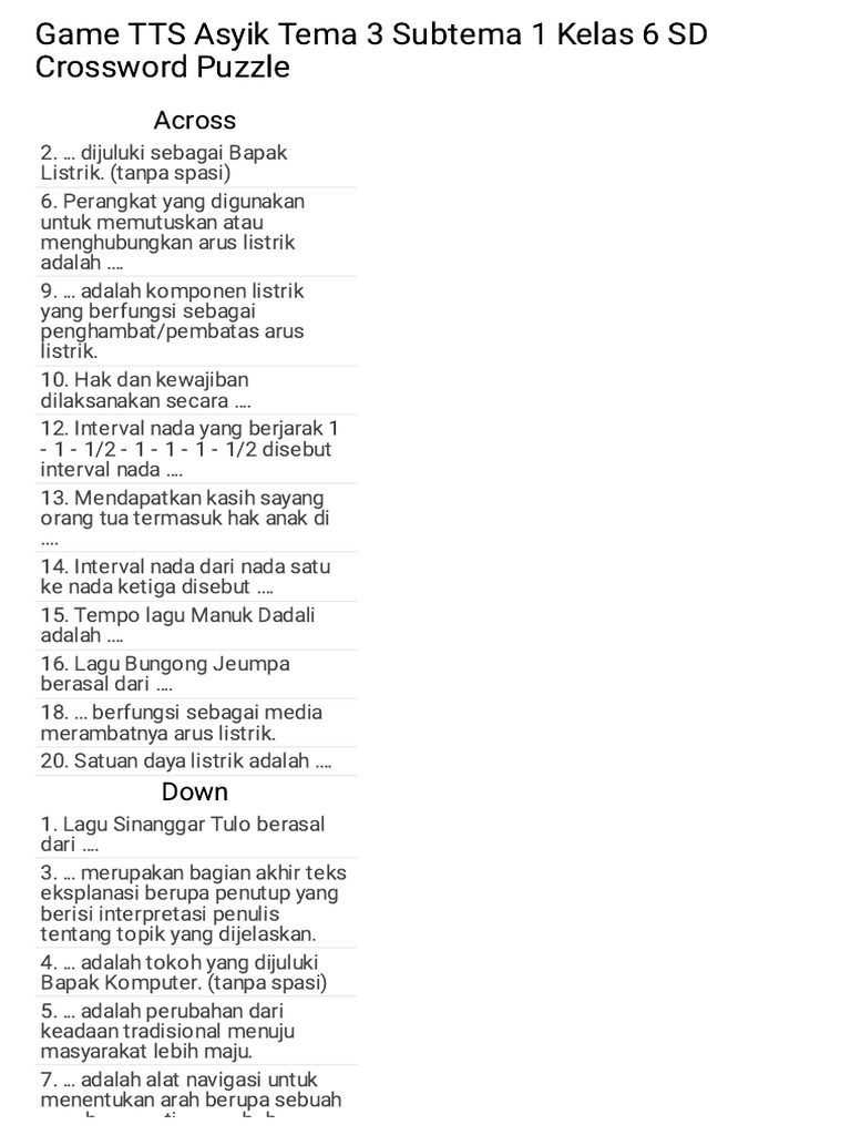 TTS Asyik Tema 3 Subtema 1 Kelas 6 SD - MELAJAH - WEB.ID | PDF