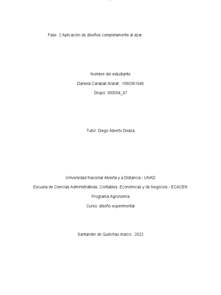 Fase 2 Aplicación de Diseños Completamente Al Azar | PDF | Diseño de ...