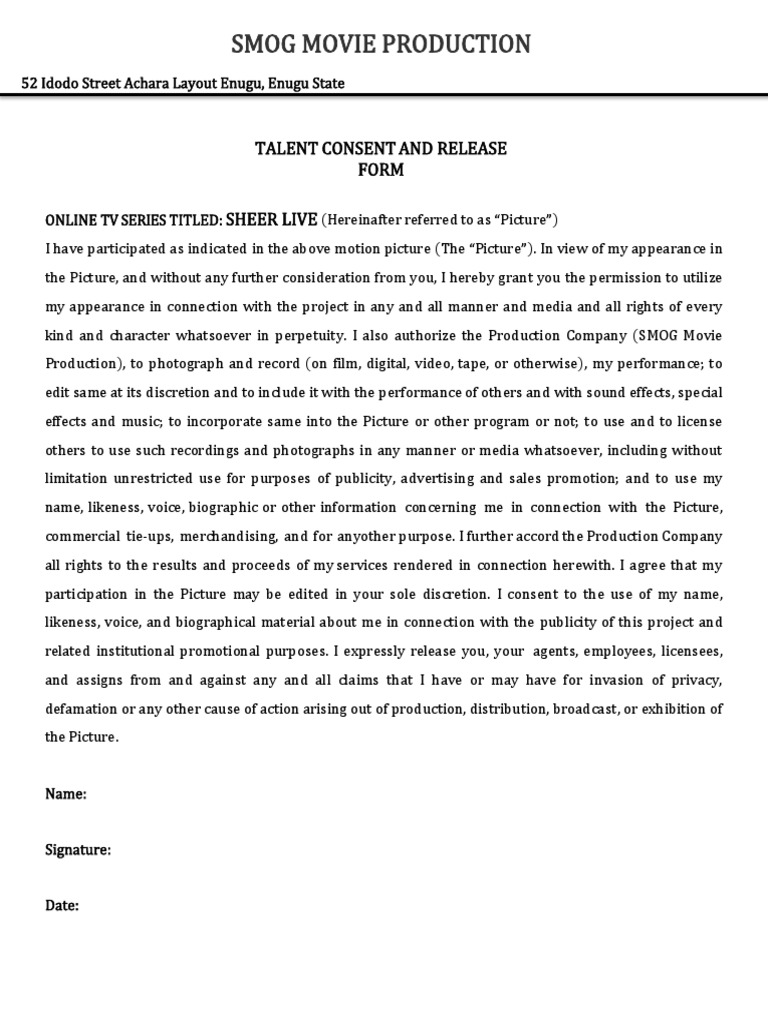 Extras Release Form - SHEER LIVE | PDF