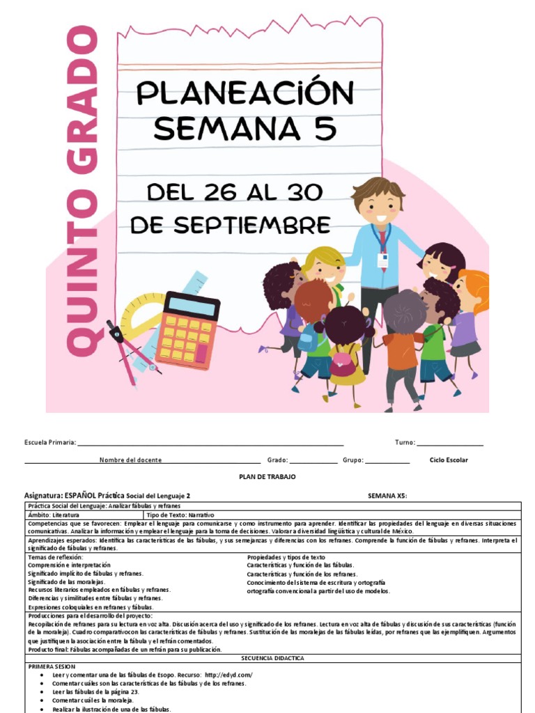 Planeacion Semana 5 Quinto Grado 2022 | PDF