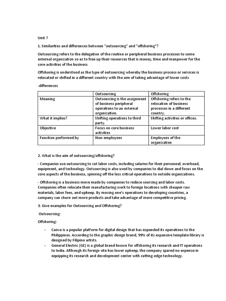 Unit 7 | PDF | Outsourcing | Offshoring
