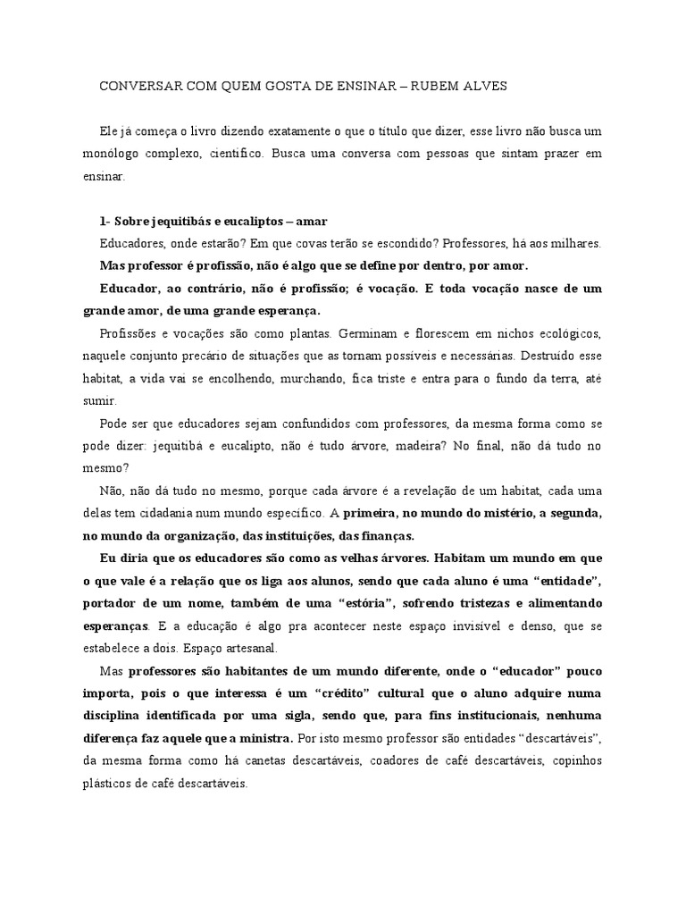 Conversar Com Quem Gosta De Ensinar Rubem Alves Pdf Amor Science