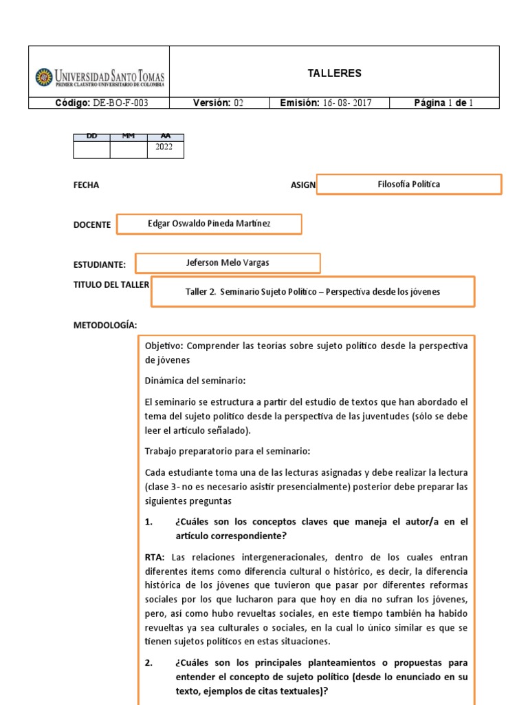 Taller 2 Formato Taller Filosofía Política - MELO | PDF | Experiencia