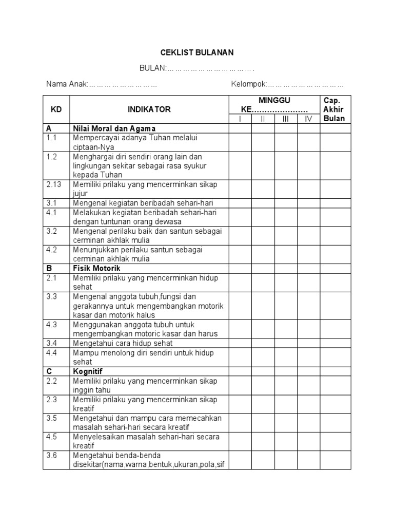 Penilaian CEKLIST BULANAN | PDF