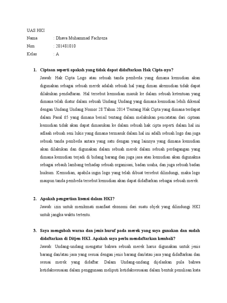 Kelas A - Dhava Muhammad Fachreza - 201481010 - UAS HKI | PDF