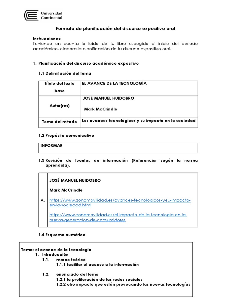 Formato de Planificación Del Discurso Expositivo Oral | PDF