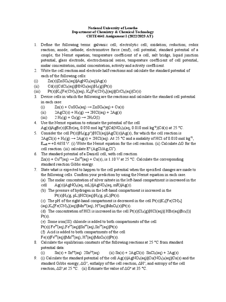 CHTE4641 Assignment 1 | PDF | Redox | Materials