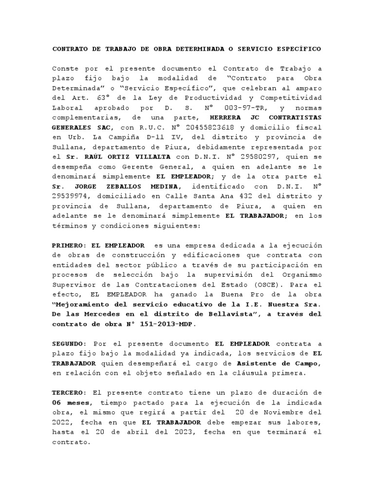 Contrato de Trabajo de Obra Determinada o Servicio Especifico | PDF | Derecho laboral | Gobierno