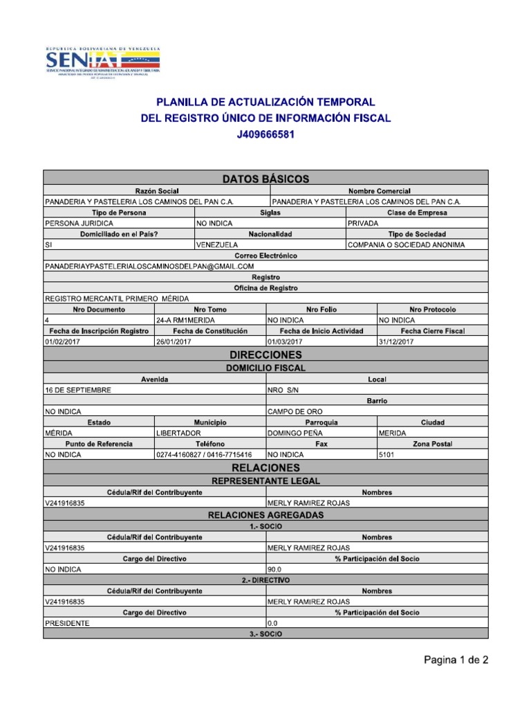 Planilla Seniat Panaderia | PDF