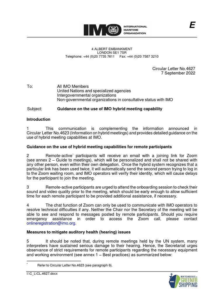 Circular Letter No.4627 - Guidance On The Use of Imo Hybrid Meeting Capability (Secretariat ...
