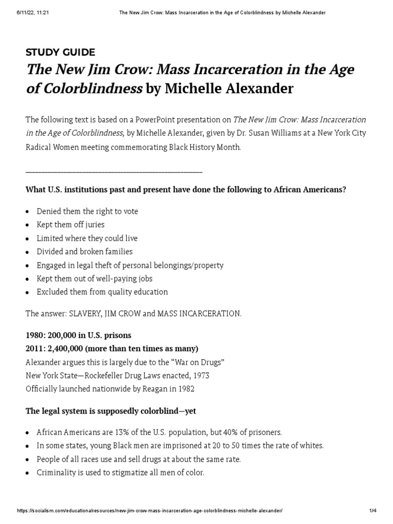 New Jim Crow Study Guide Overview | PDF | Incarceration In The United ...