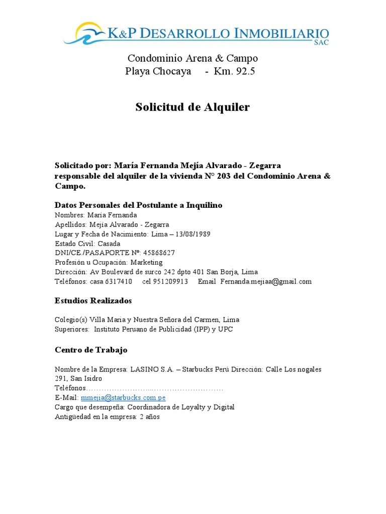 Solicitud Alquiler Condominio Arena | PDF