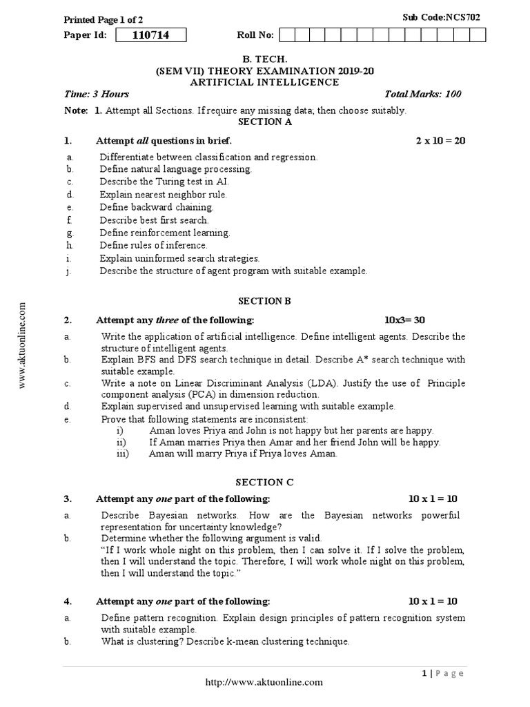 Btech Cs 7 Sem Artificial Intelligence ncs702 2020 | PDF | Artificial Intelligence ...