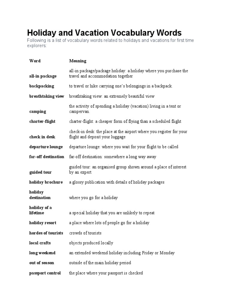 Holiday Vocabulary Pre Intermediate | PDF | Tourism | Service Industries
