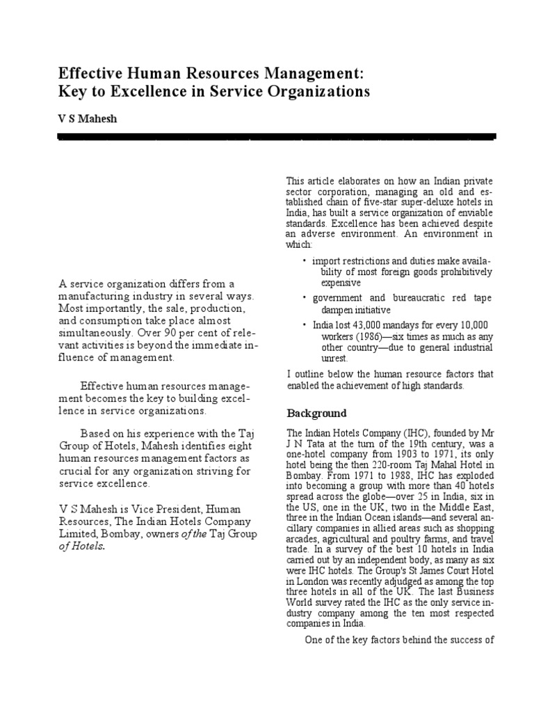 Effective Human Resources Management: Key To Excellence in Service ...