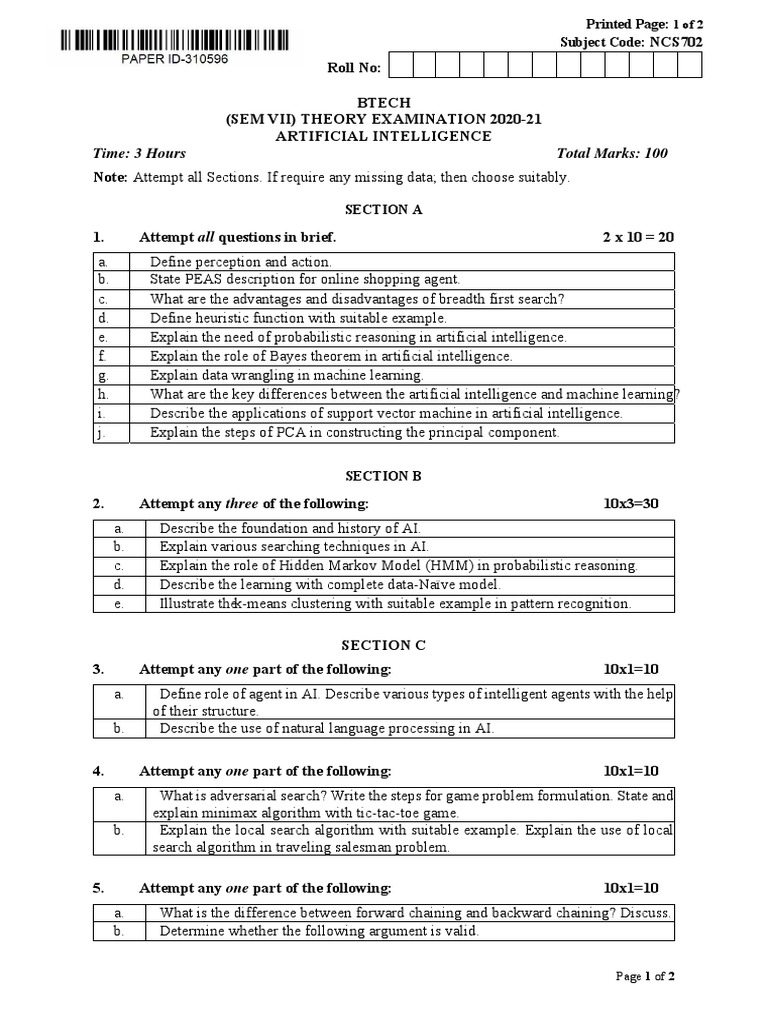 Btech Cs 7 Sem Artificial Intelligence ncs702 2021 | PDF | Artificial ...