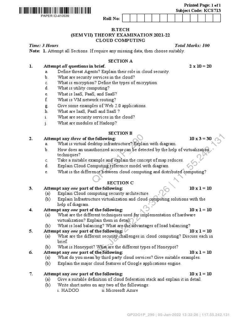 Btech Cs 7 Sem Cloud Computing kcs713 2022 | PDF | Cloud Computing | Cyberspace