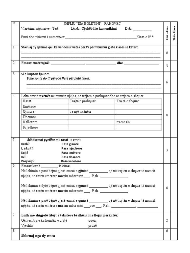 Test Vlerësues Nga Lënda Gjuhet Dhe Komuniimi - Klasa 4 | PDF