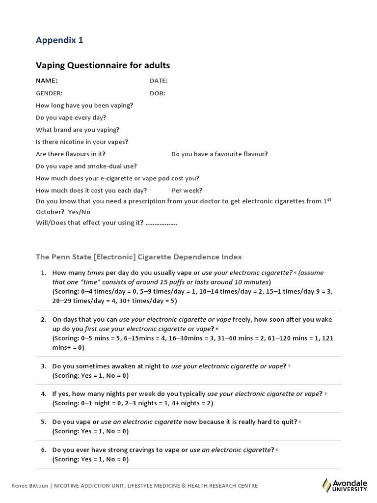 Appendix 1 - Vaping Questionnaire and Penn State Dependence Index | PDF ...