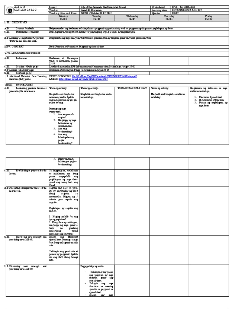 Q1 Week 6 DLL EPP5 | PDF
