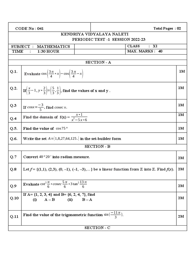 Xi Maths 22 23 Pt 1 Pdf Function Mathematics Trigonometric Functions