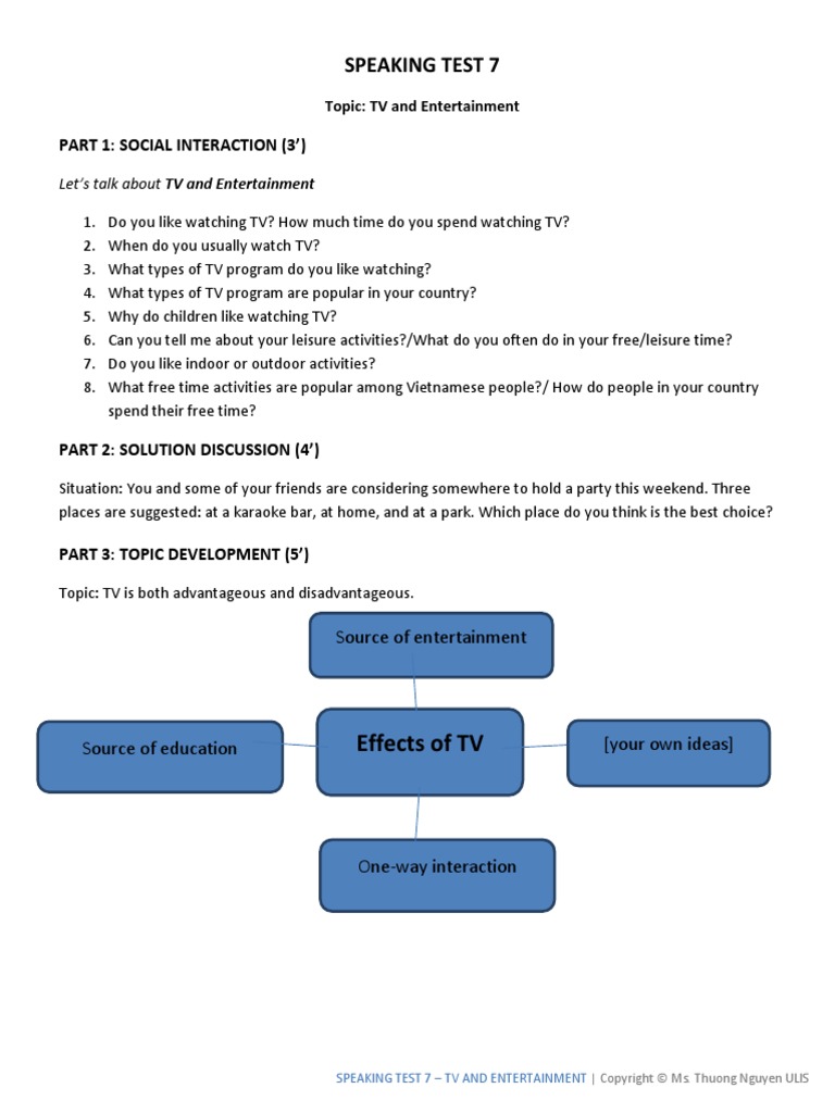 B1S - Speaking Test 7 - TV and Entertainment | PDF