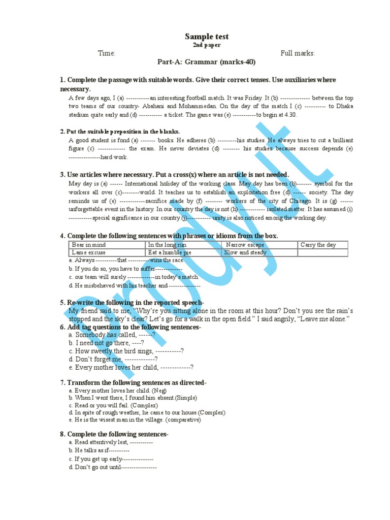 Grammar Passage Completion Test | PDF | Sports & Recreation | Teaching ...