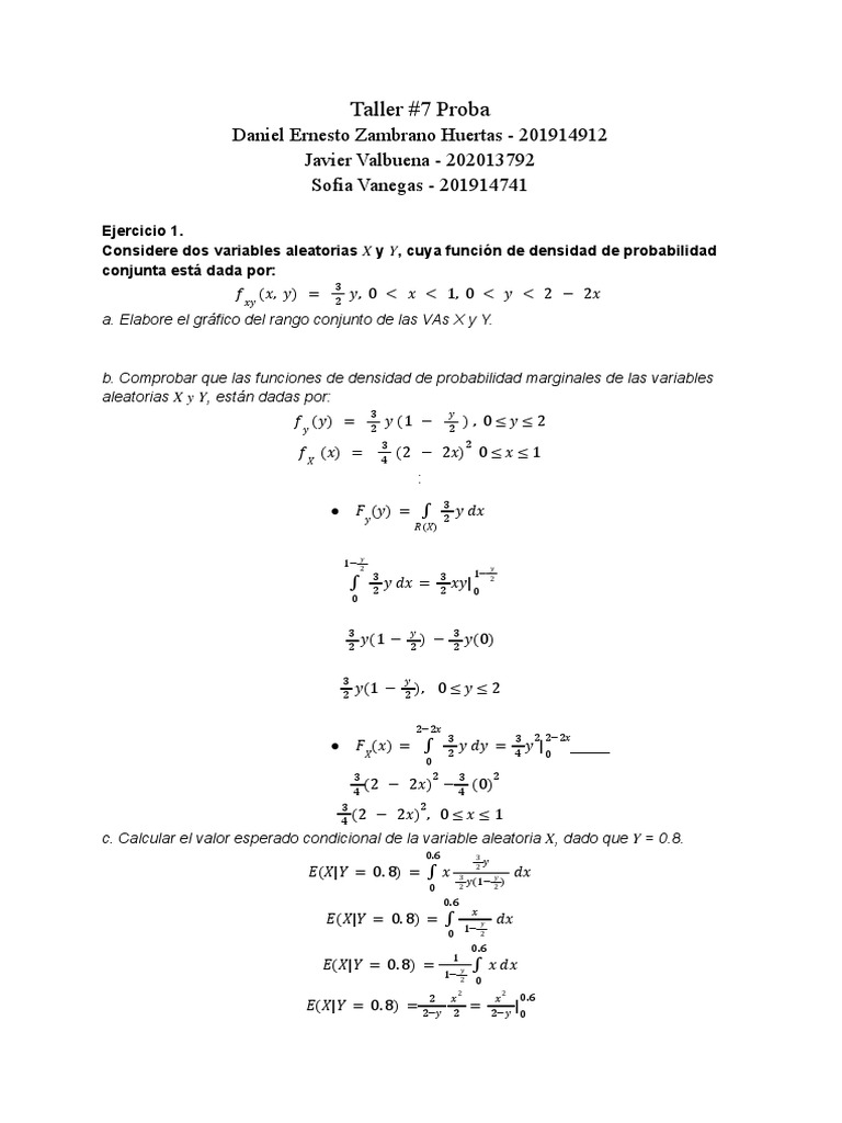 Taller #7 Proba | PDF | Variable aleatoria | Valor esperado