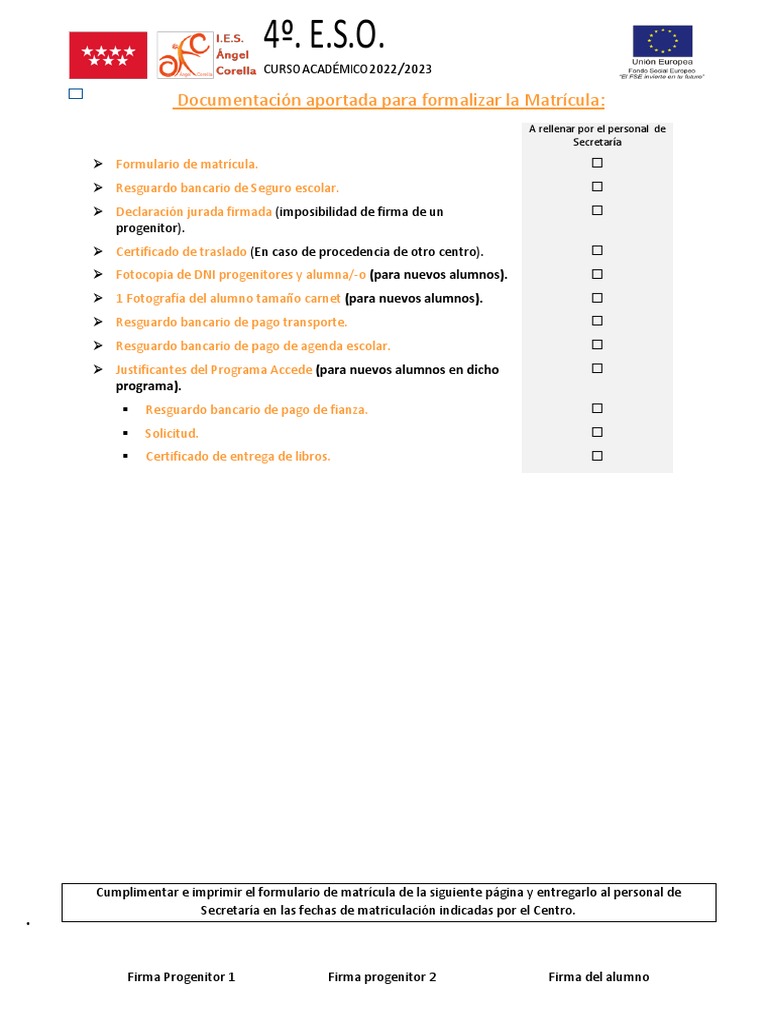 4 Eso Hoja Matrcula 2022-23-1 | PDF