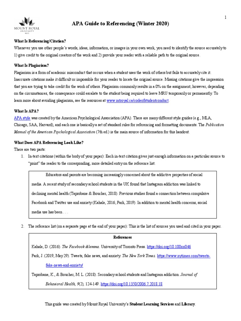 APA Guide To Referencing W20-Final - Mount Royal | PDF | Citation | Apa ...