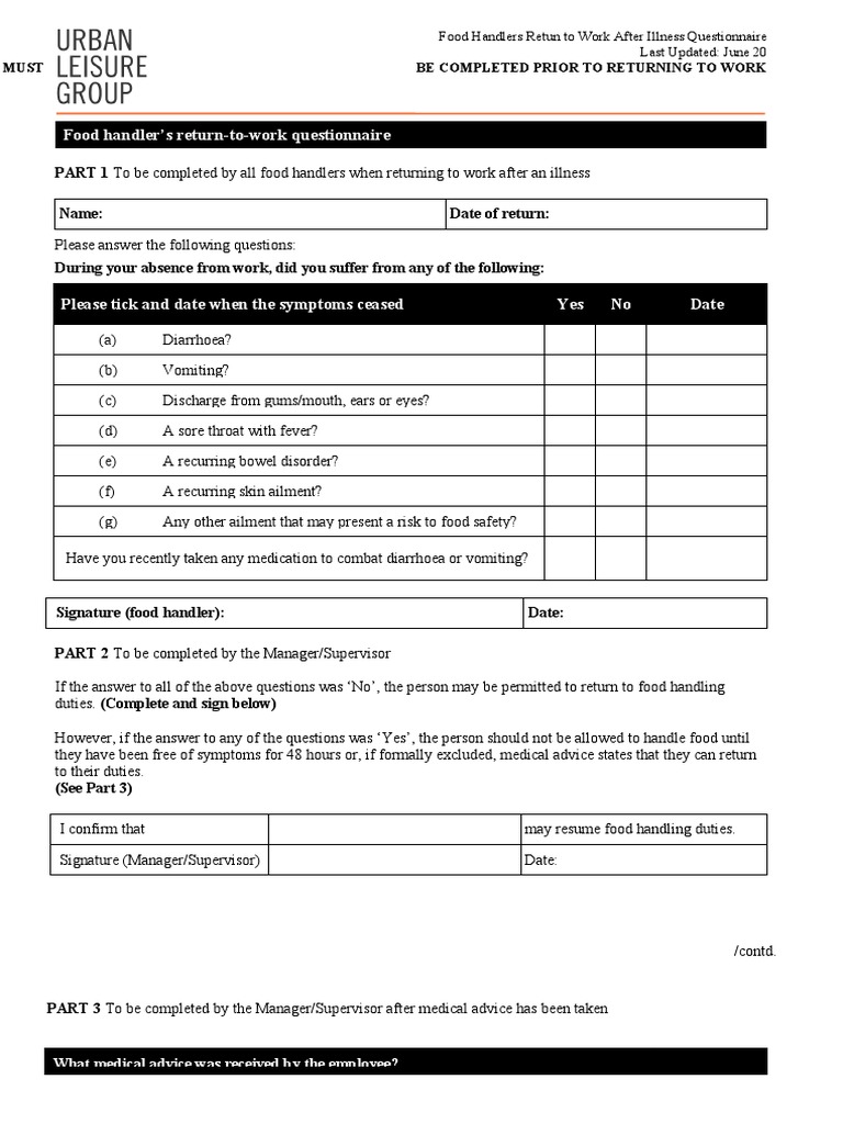 Food Handler Return-to-Work Guidelines | PDF | Human Diseases And ...
