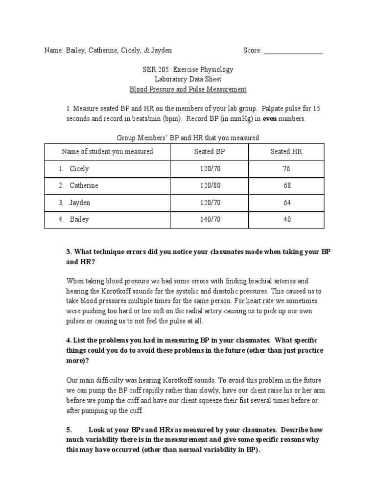 Blood Pressure and Pulse Lab | PDF | Blood Pressure | Pulse