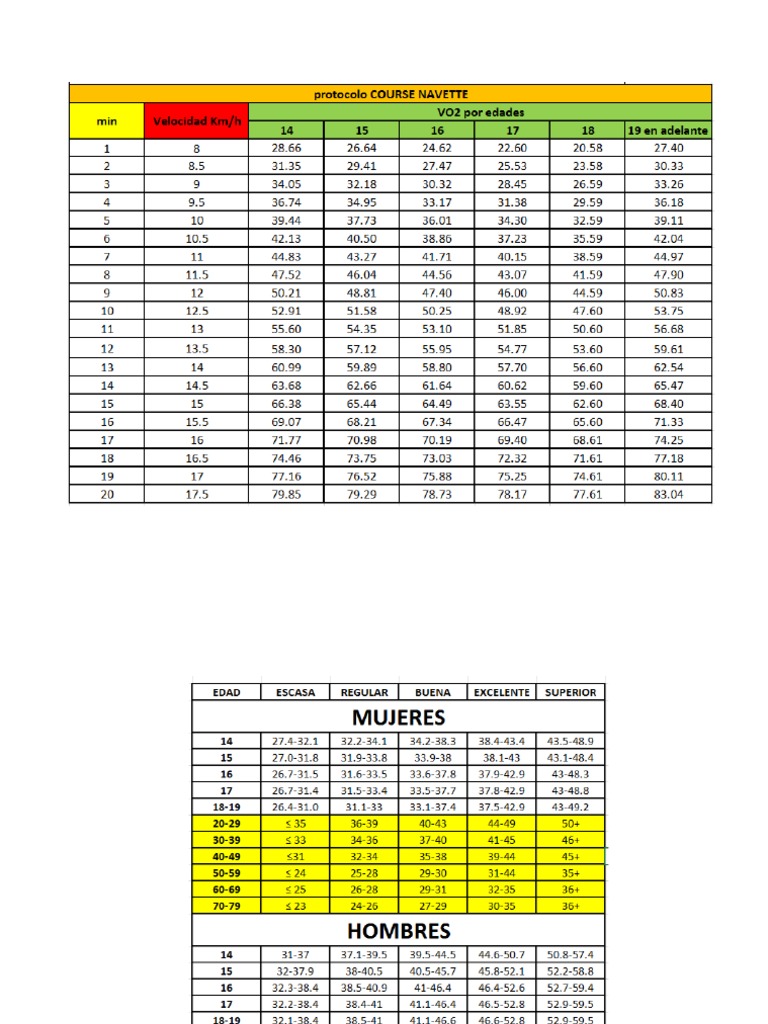 Tablas COURSE NAVETTE | PDF