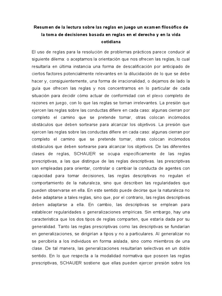 Resumen de La Lectura Sobre Las Reglas en Juego Un Examen Filosófico de ...