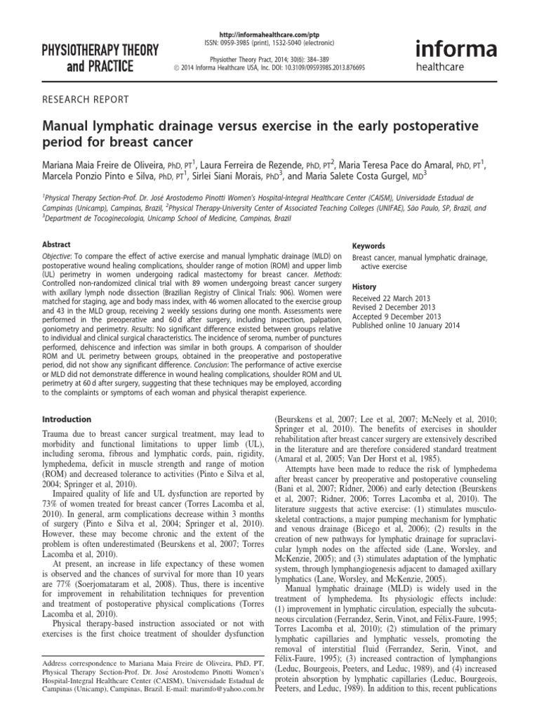 Manual Lymphatic Drainage Versus Exercise in The Early Postoperative ...