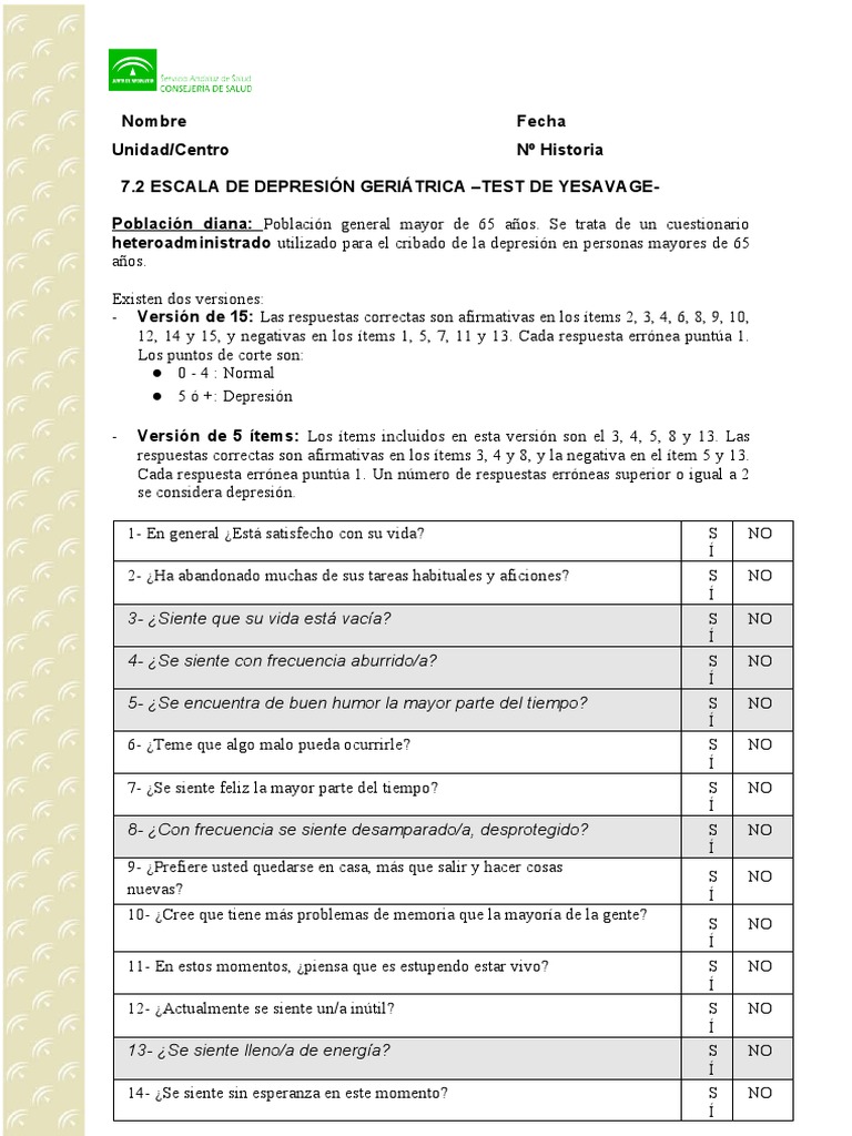 Test de Yesavage | PDF | Depresión (estado de ánimo) | Sicología