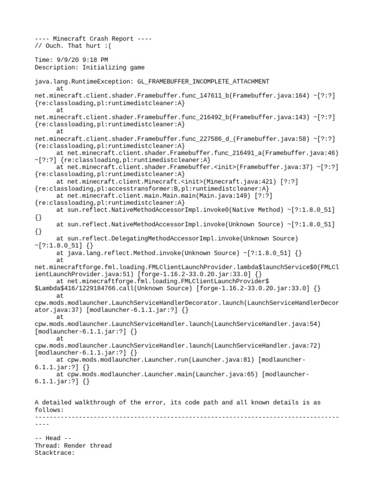 Detailed Analysis Of A Minecraft Crash Report Identifying A Gl Framebuffer Incomplete Attachment