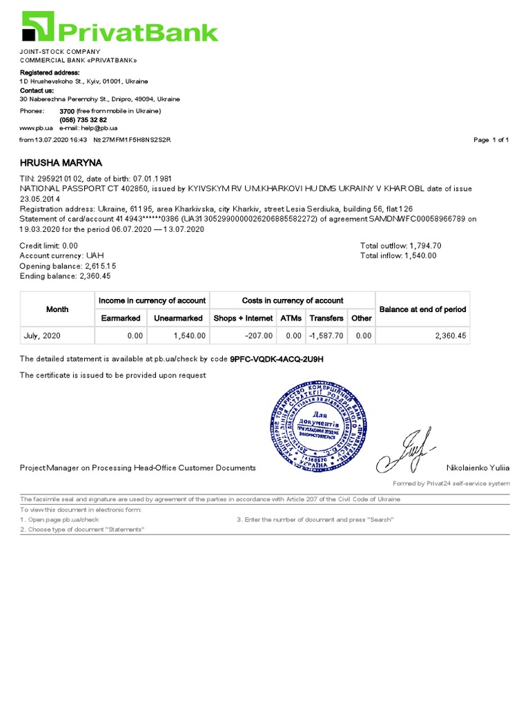 Bank Statement for Account Holder | PDF | Service Industries ...
