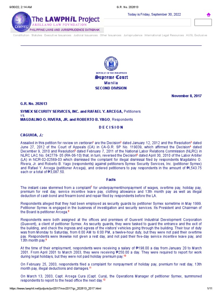 Symex Security Vs Rivera, GR 202613, Nov. 8, 2017 | PDF | Burden Of ...